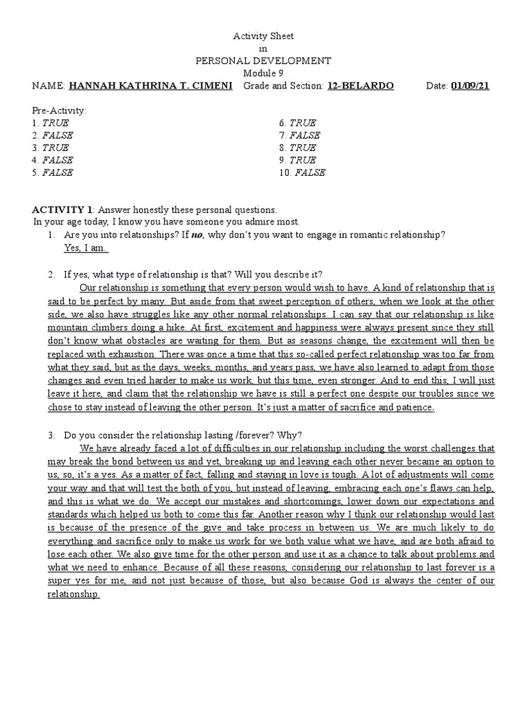 Hannah Cimeni - Module 9 Answer Sheet | PDF | Reason | Love