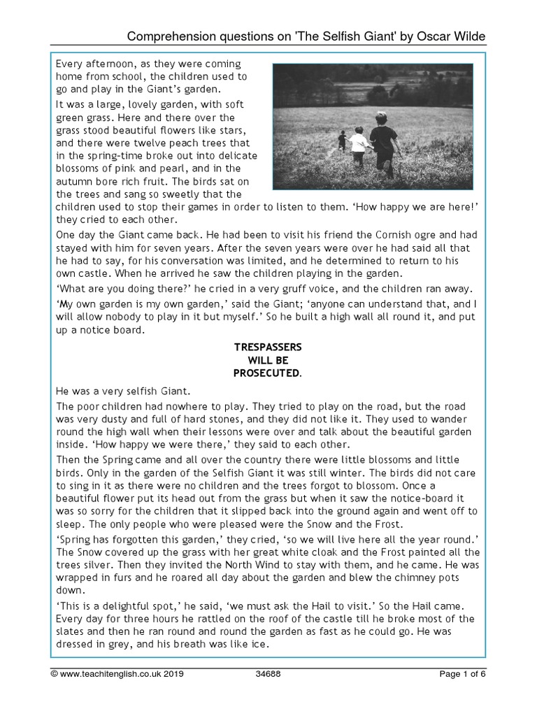 Comprehension Questions On 'The Selfish Giant' by Oscar Wilde | PDF