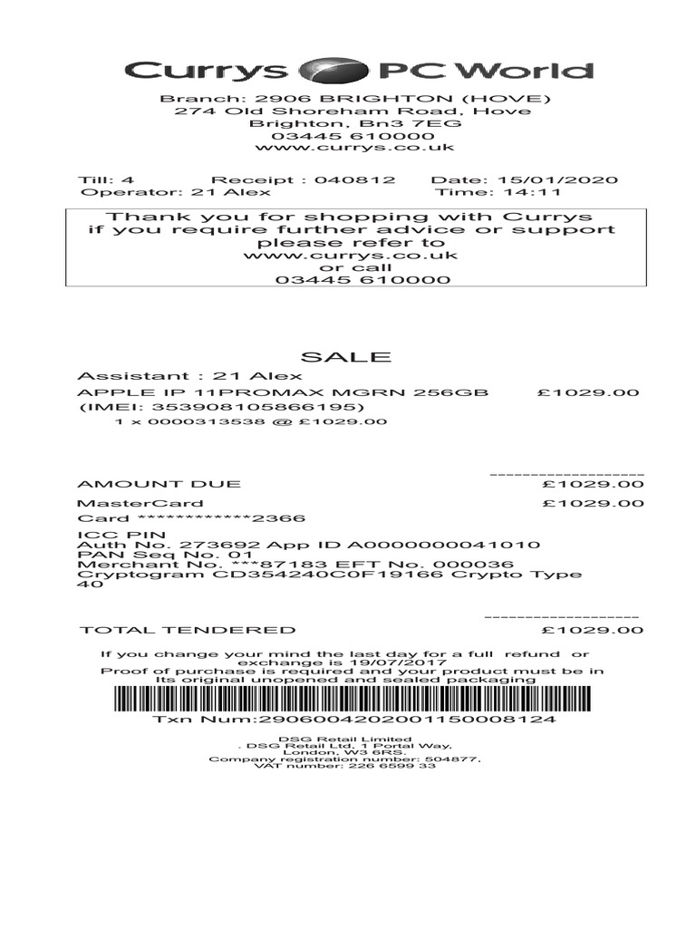 Thank You For Shopping With Currys If You Require Further Advice or ...