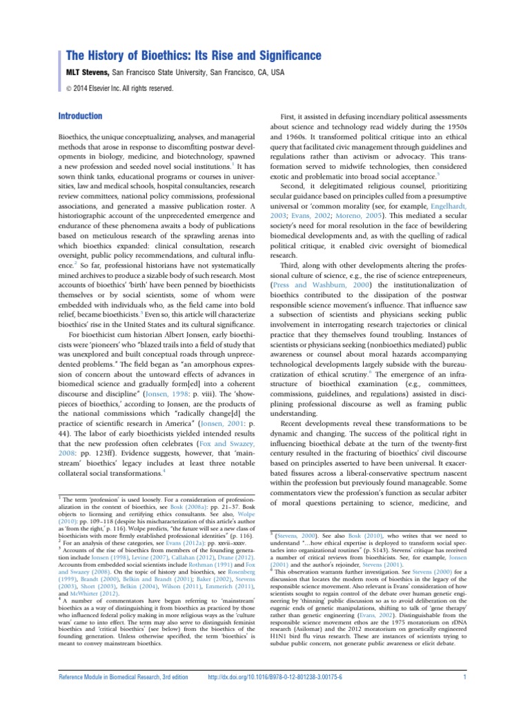 The History of Bioethics: Its Rise and Significance: MLT Stevens, San ...