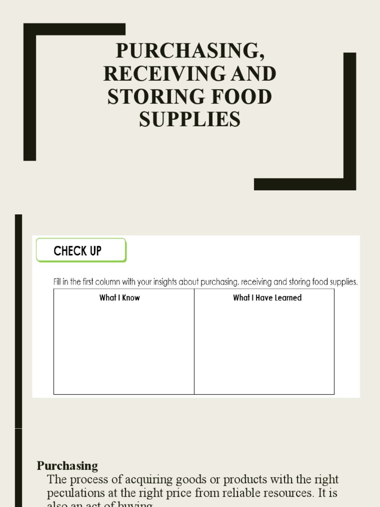 Week 1 Purchasing, Receiving and Storing Food Supplies 10 | PDF | Foods ...