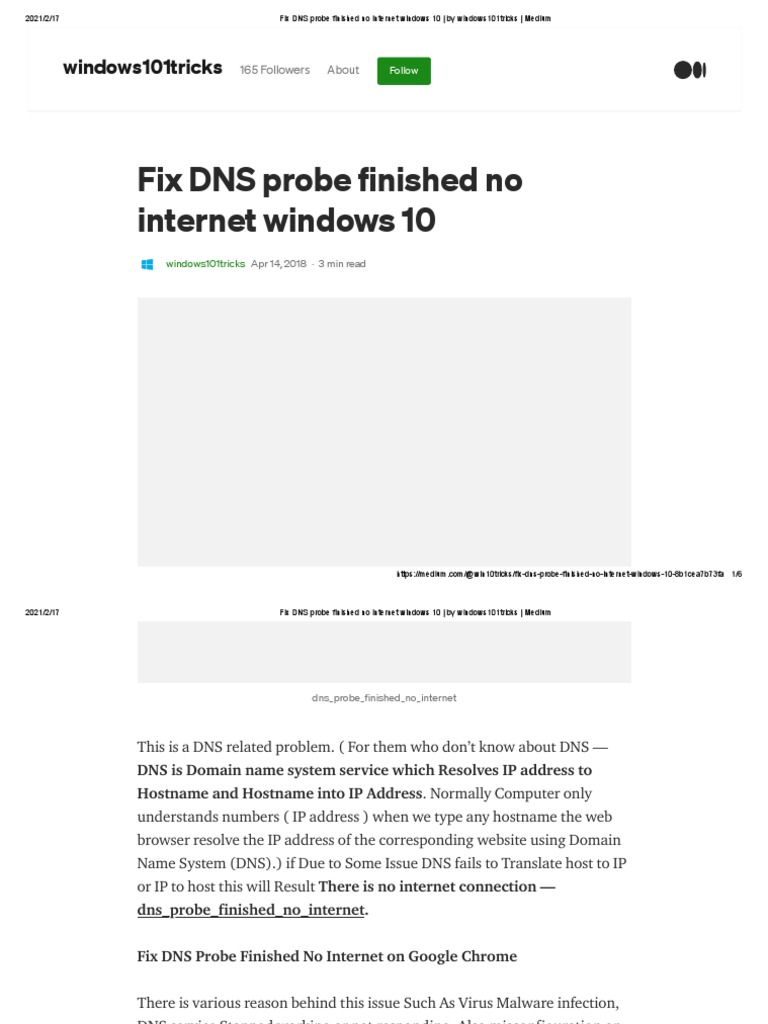 Fix DNS Probe Finished No Internet Windows 10 - by Windows101tricks ...