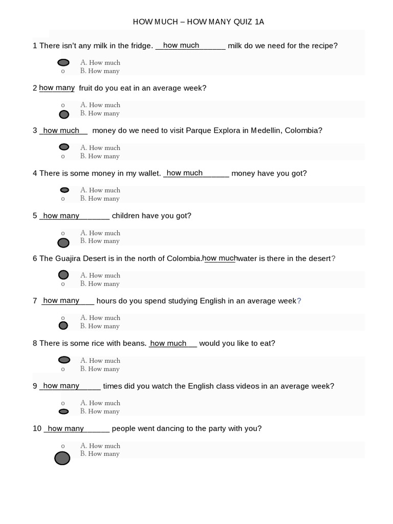 How Much - How Many Quiz 1a | PDF | Self-Improvement