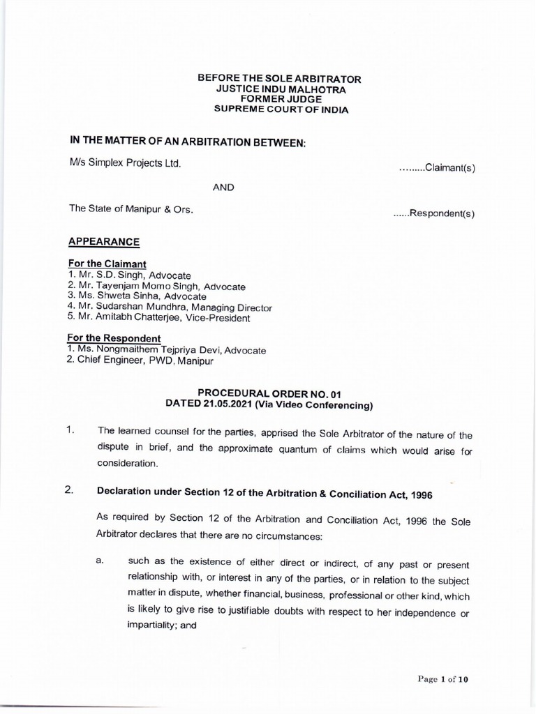 Procedural Order No. 01: Arbitration Proceedings Between M/s Simplex Projects Ltd. and The State ...