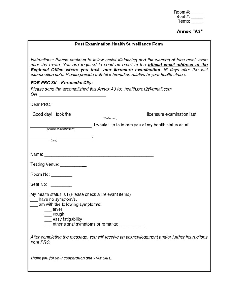 Post Examination Health Surveillance Form Annex A3 Koronadal | PDF