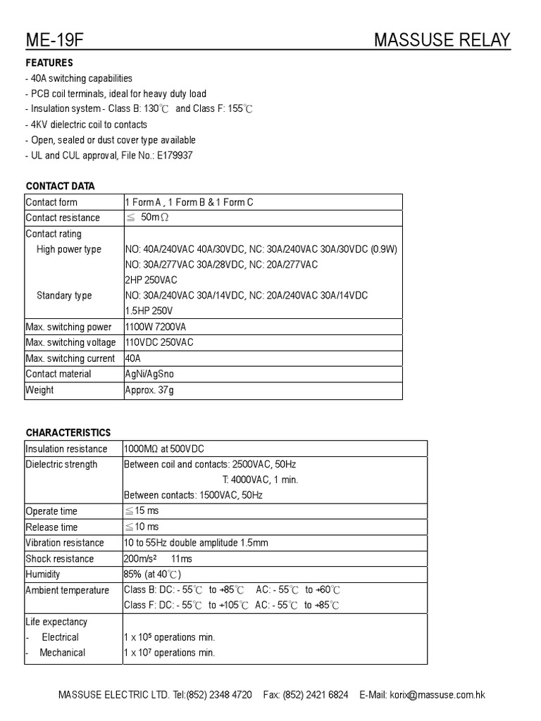 Me-19F Massuse Relay: Features | PDF | Relay | Alternating Current
