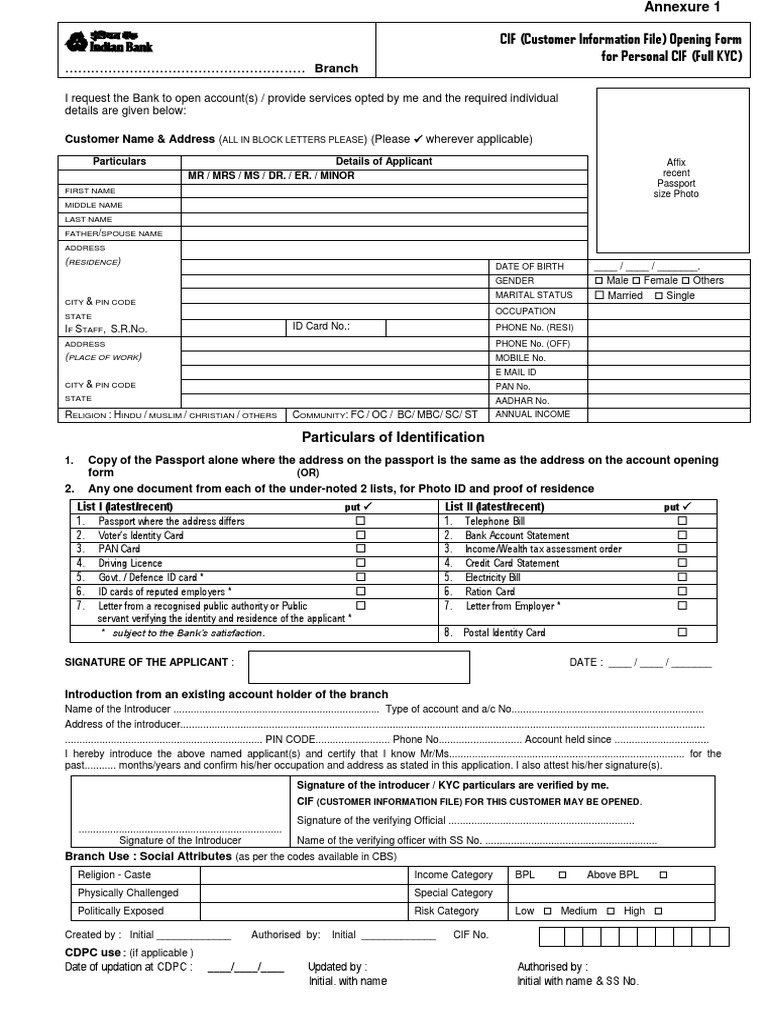 Branch: CIF (Customer Information File) Opening Form For Personal CIF ...