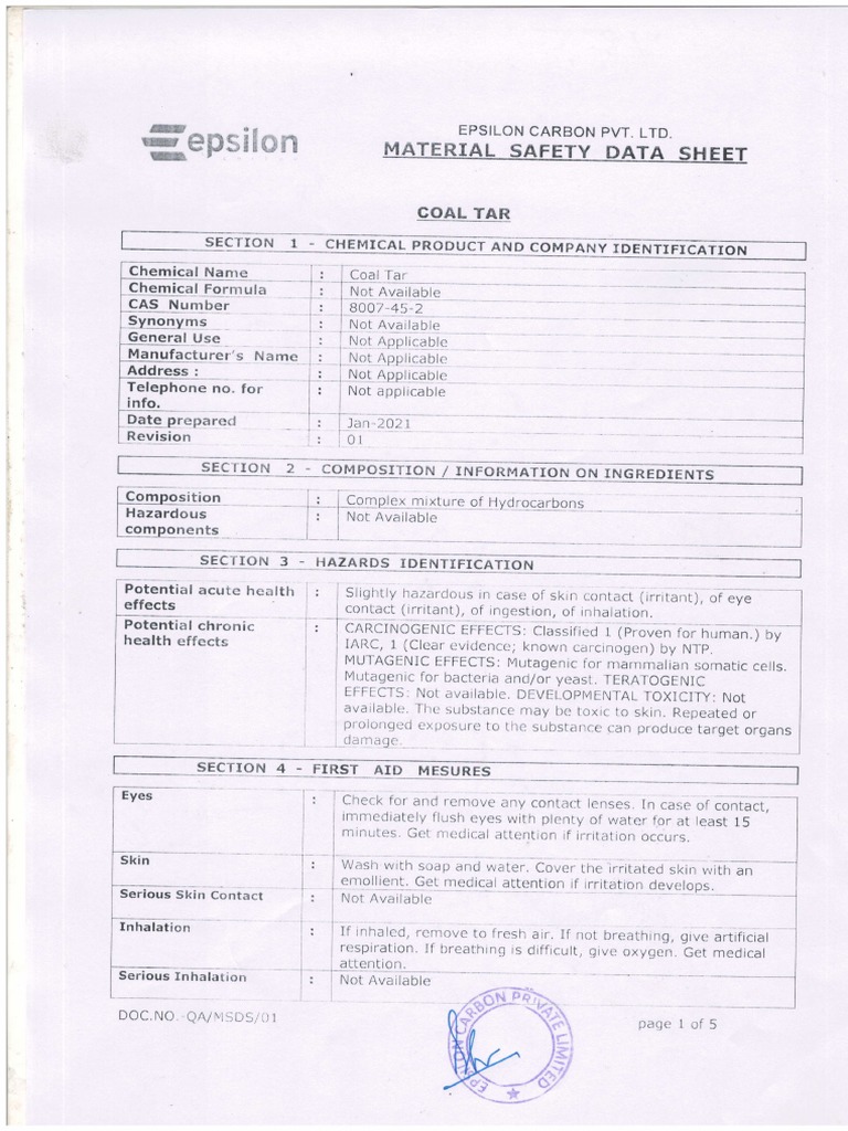 Crude Coal Tar - Msds | PDF | Occupational Safety And Health | Chemical ...