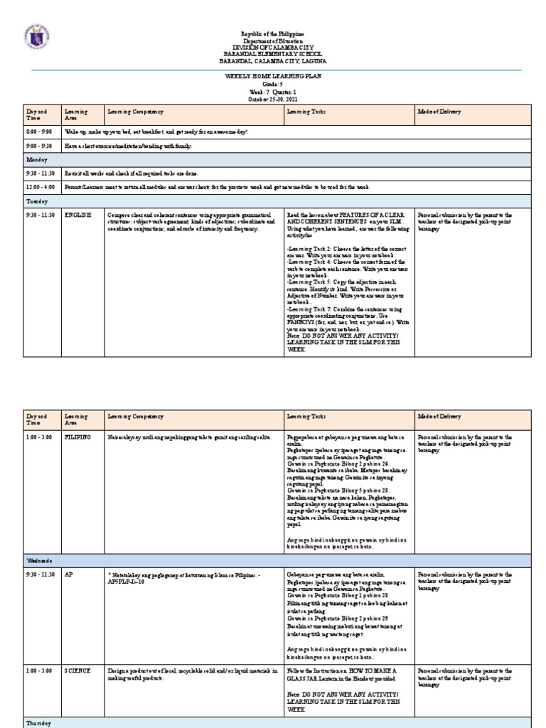 Grade 5 Weekly Home Learning Plan | PDF | Semantic Units | Grammar