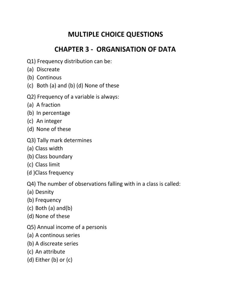 Multiple Choice Questions Chapter 3 - Organisation of Data | PDF ...