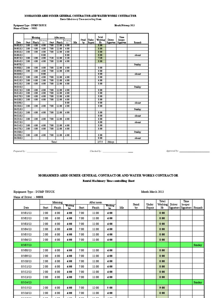 Time Sheet Dump Truck & Mahine | PDF | Transport | Vehicles
