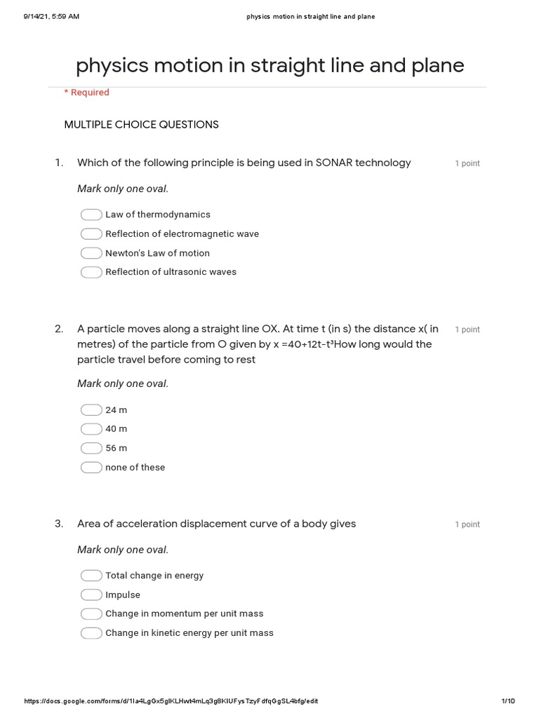 Physics Motion in Straight Line and Plane: Multiple Choice Questions | PDF | Velocity | Acceleration
