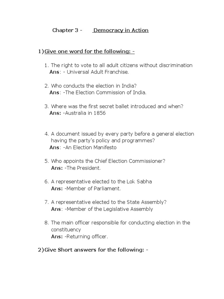 Civics - Chapter 3, One Word Questions | PDF | Elections | Voting