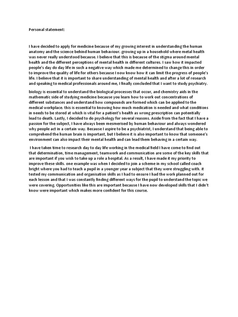 Personal Statement | PDF | Mental Health | Psychiatry