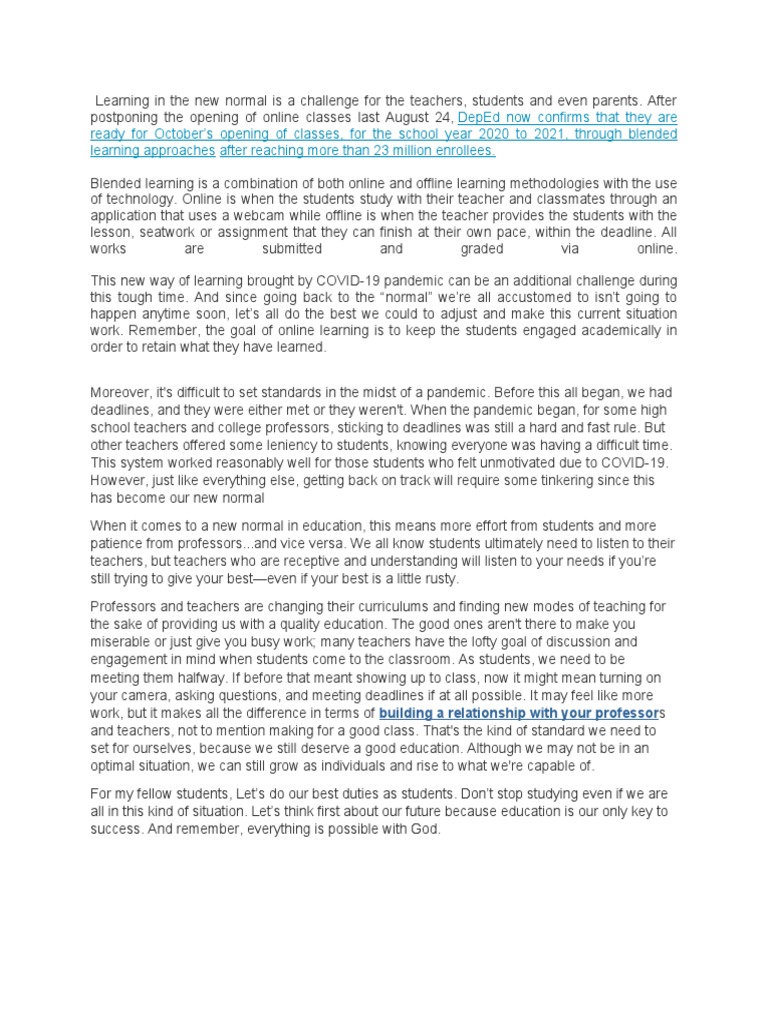 New Normal Education Essay | PDF | Teachers | Educational Technology