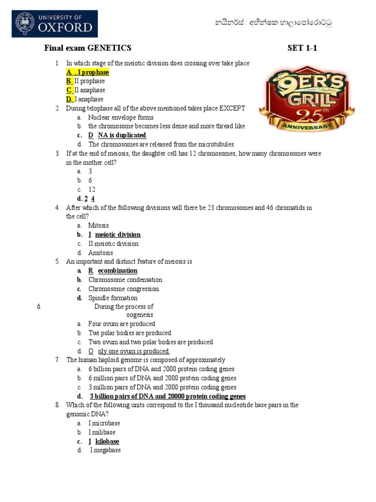 Genetics Final Exam Questions Set 1-1 | PDF | Meiosis | Rna