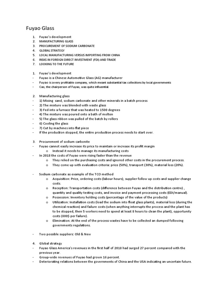 Fuyao Glass - Summarization | PDF | Glasses | Cost