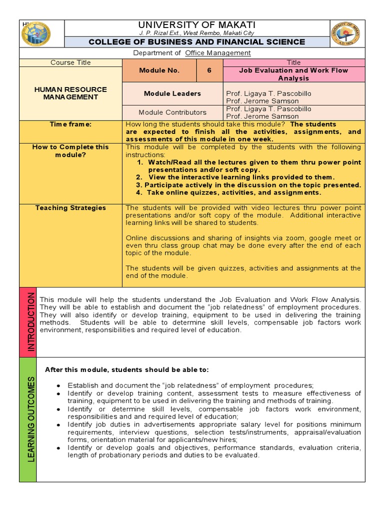 2021-Module 3 (Job Evaluation and Work Flow Analysis) | PDF ...