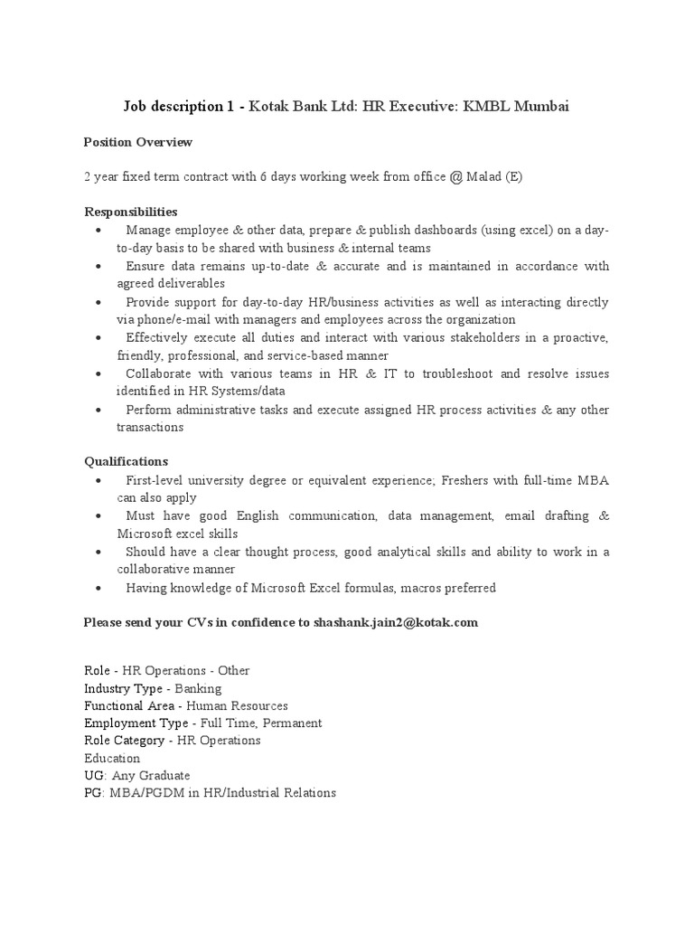 Job Descriptions - HR Executive | PDF | Human Resources | Human ...
