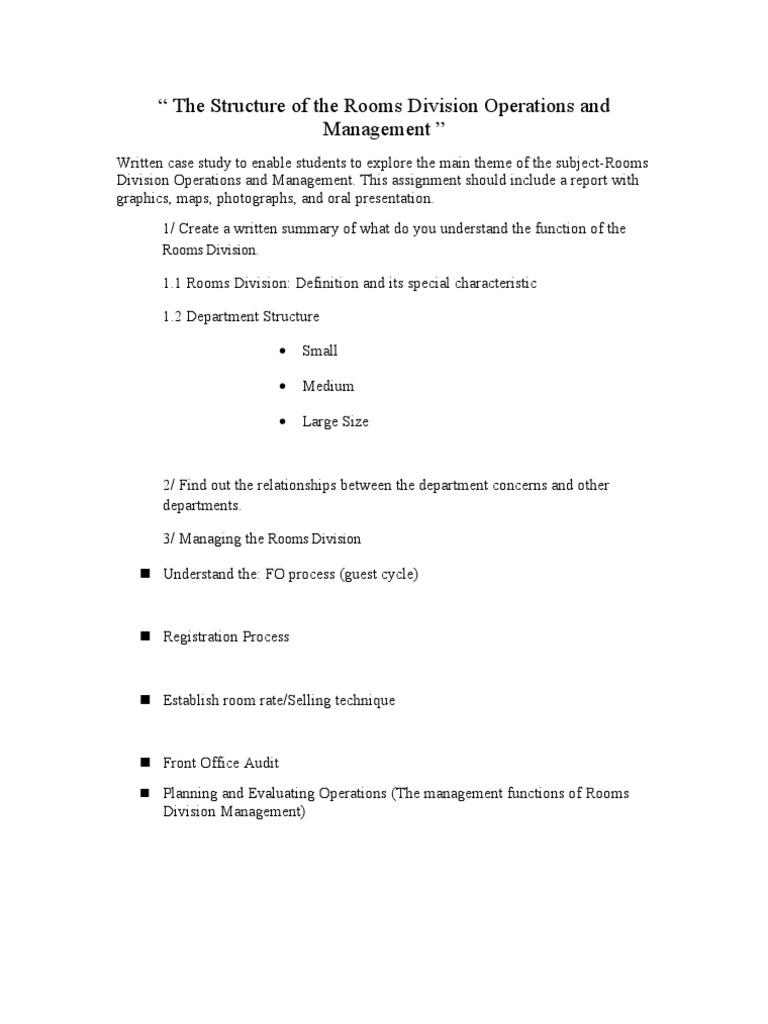 The Structure Of The Rooms Division Operations And Management Pdf