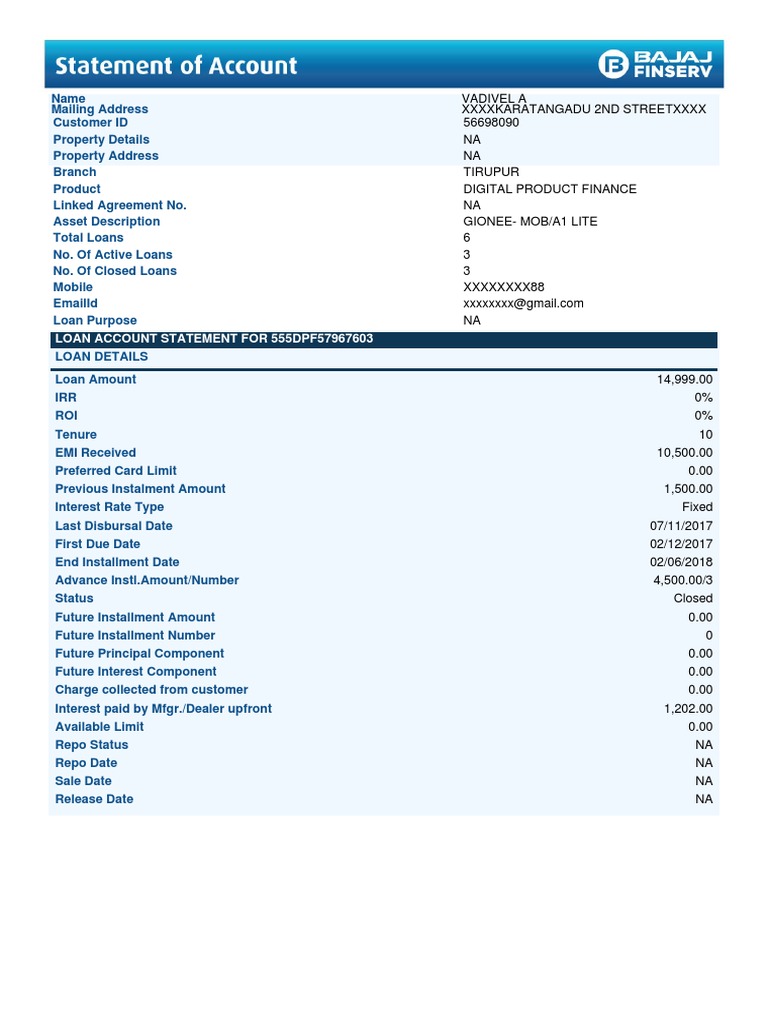 Loan Account Statement For 555Dpf57967603 | PDF | Financial Transaction ...
