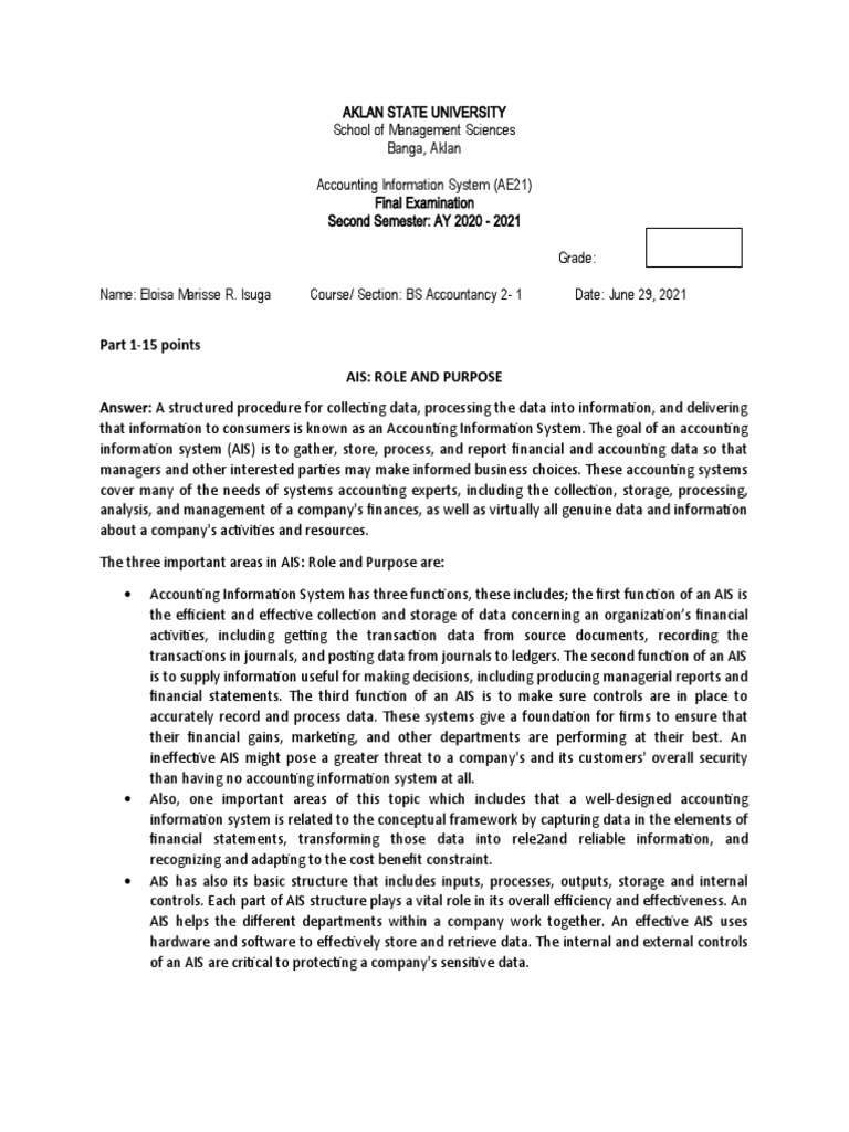 Ais Final Exam | PDF | Accounting | Information System