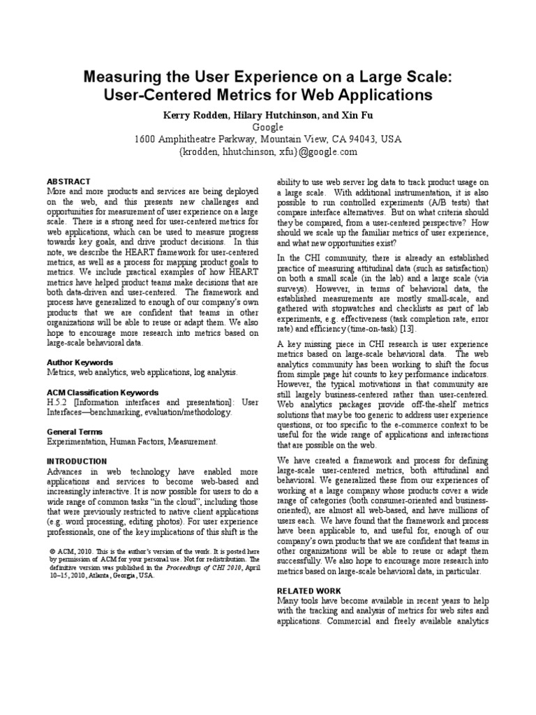 Measuring The User Experience On A Large Scale: User-Centered Metrics For Web Applications | PDF ...