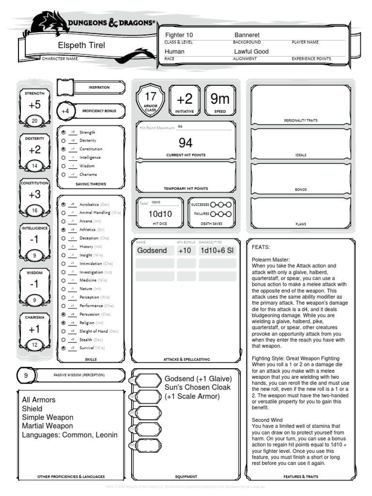 Elspeth Tirel DND Sheet | PDF | Role Playing Games