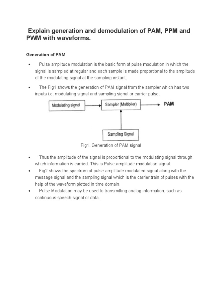 Explain Generation and Demodulation of PAM, PPM and PWM With Waveforms | PDF | Modulation ...