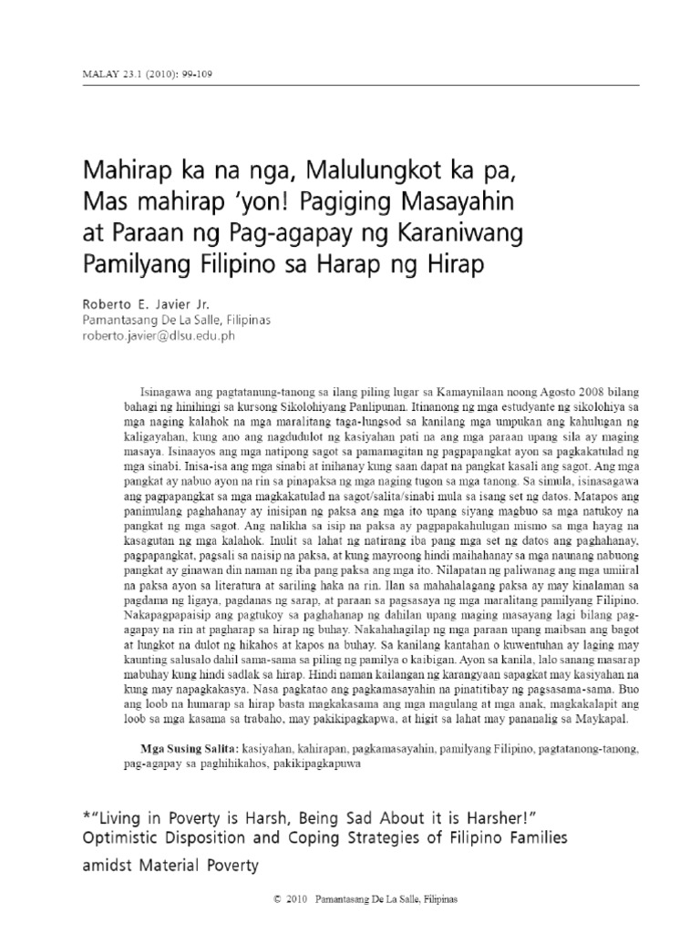 Philippine EJournals - Mahirap Ka Na Nga, Malulungkot Ka Pa, Mas ...