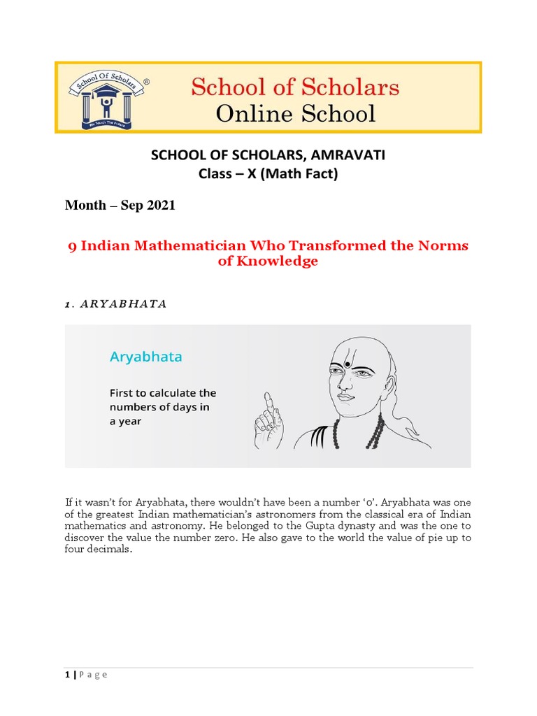 School of Scholars, Amravati Class - X (Math Fact) : Month - Sep 2021 ...