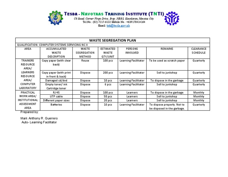 Waste Segregation Plan for TNTI | PDF