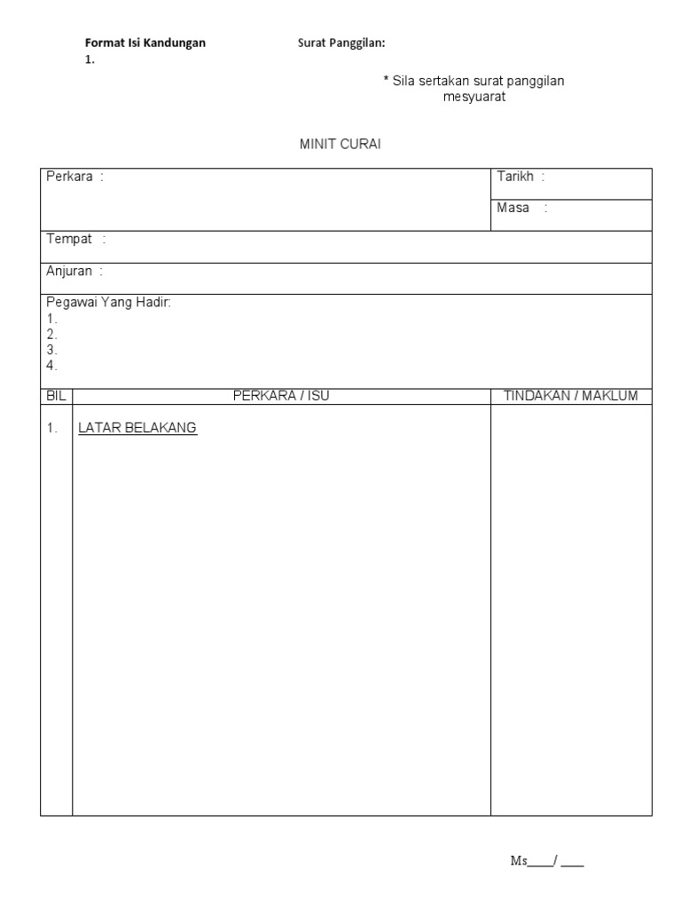 Borang Minit Curai Kosong | PDF