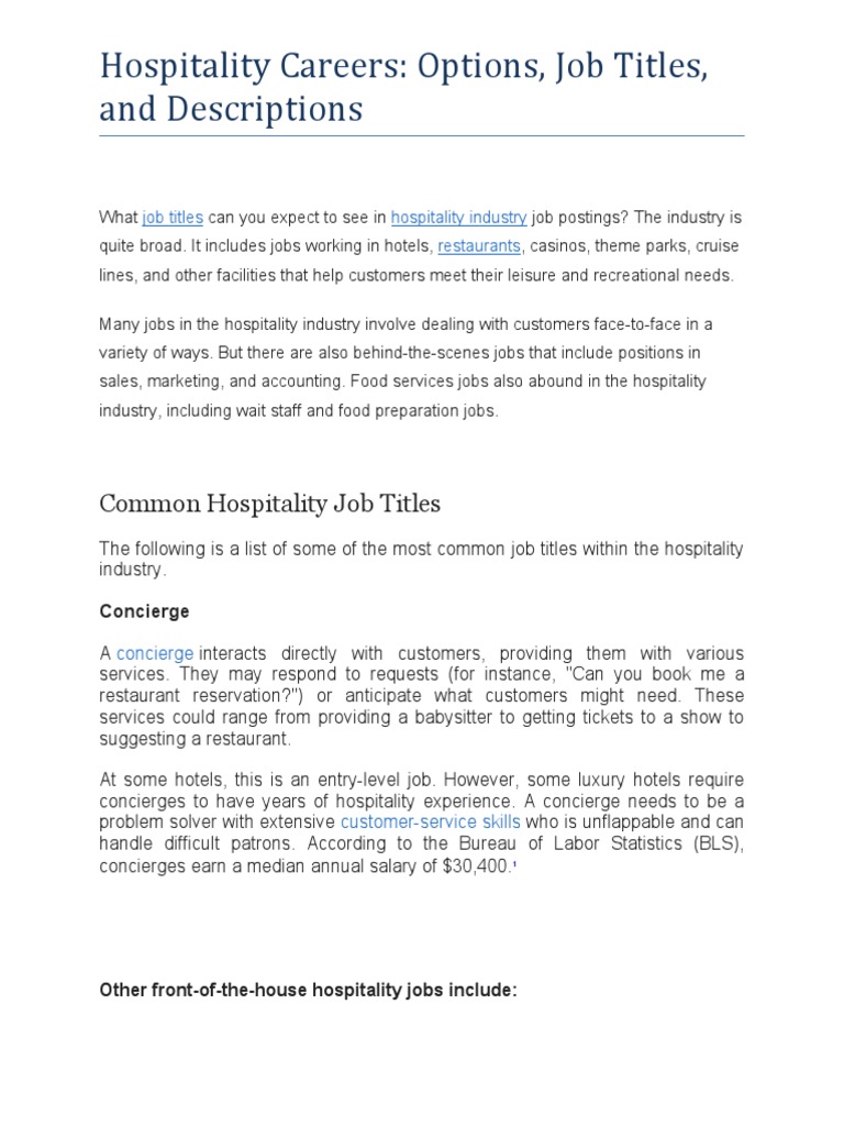 Hospitality Careers: Options, Job Titles, and Descriptions | PDF ...