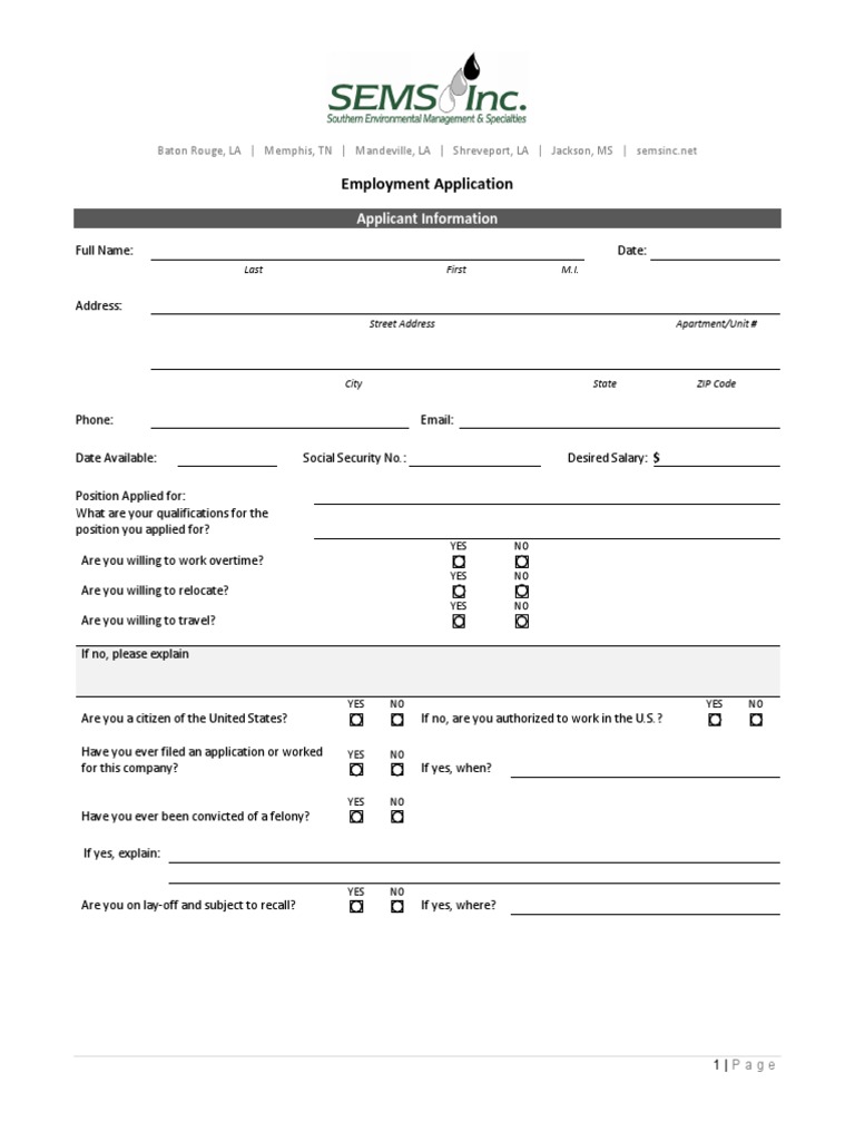 Fillable SEMS Inc Employment Application 2021 | PDF | Driver's License ...