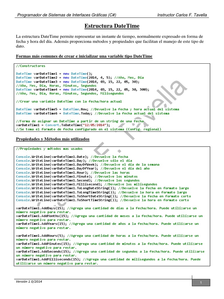 Apunte C# Estructura DateTime | PDF | C Sharp (lenguaje de programación) | Ciencias de la ...