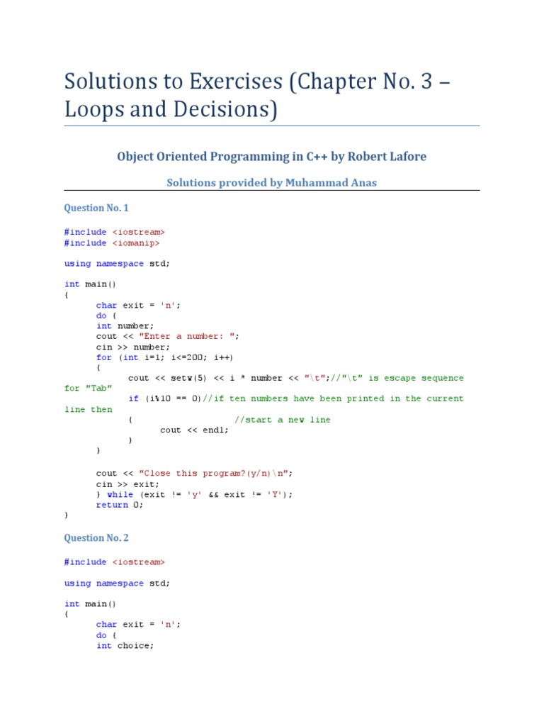 Solutions To Exercises (Chapter No. 3 - Loops and Decisions) | PDF ...