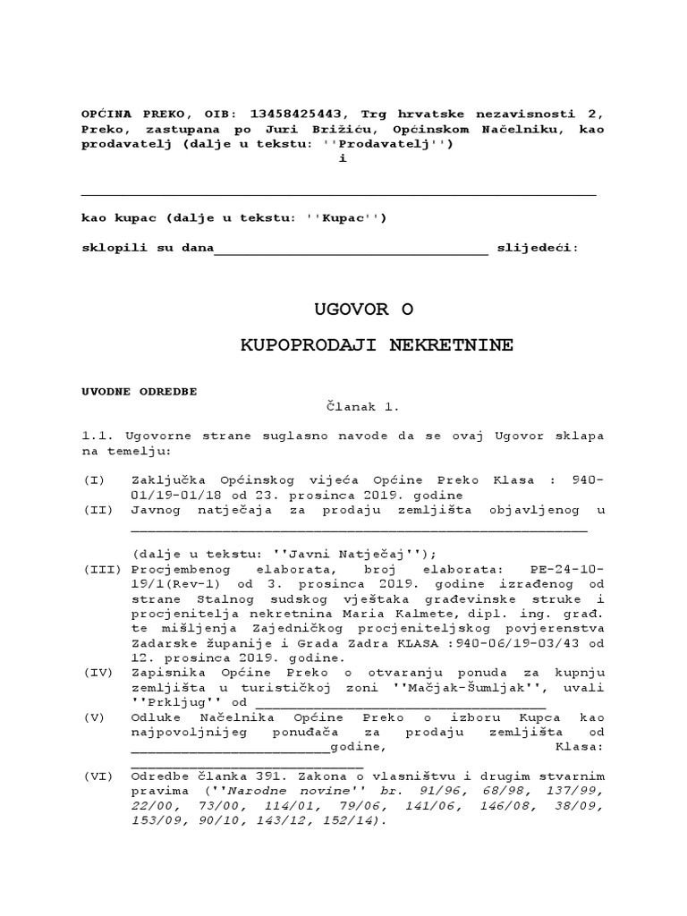 Ugovor o Kupoprodaji Nekretnine | PDF