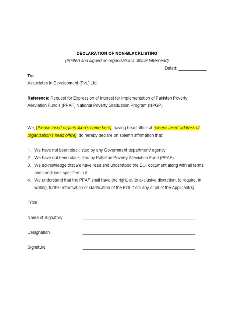 Declaration of Undertaking of Non-Blacklisting | PDF