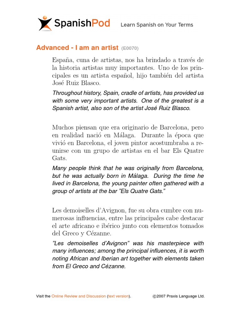 Advanced - I Am An Artist: Visit The - C 2007 Praxis Language LTD | PDF ...