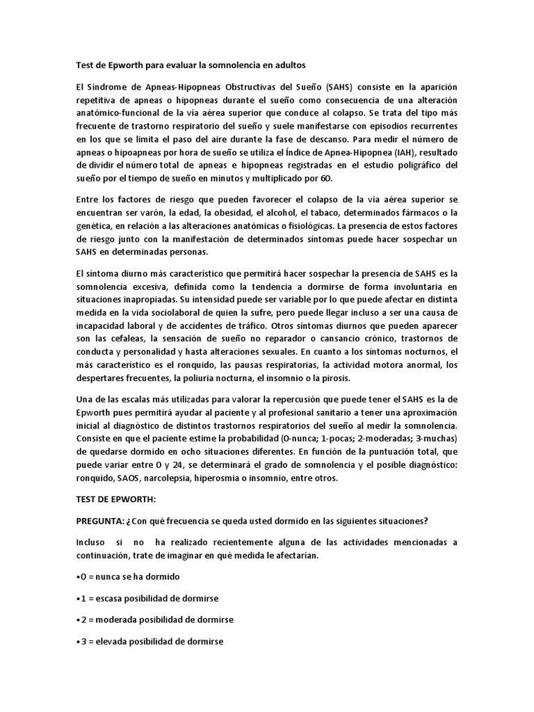 Test de Epworth para somnolencia diurna | PDF | Apnea del sueño ...