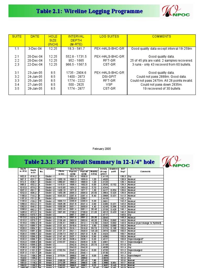 Table 2.1: Wireline Logging Programme | PDF | Pressure | Shale