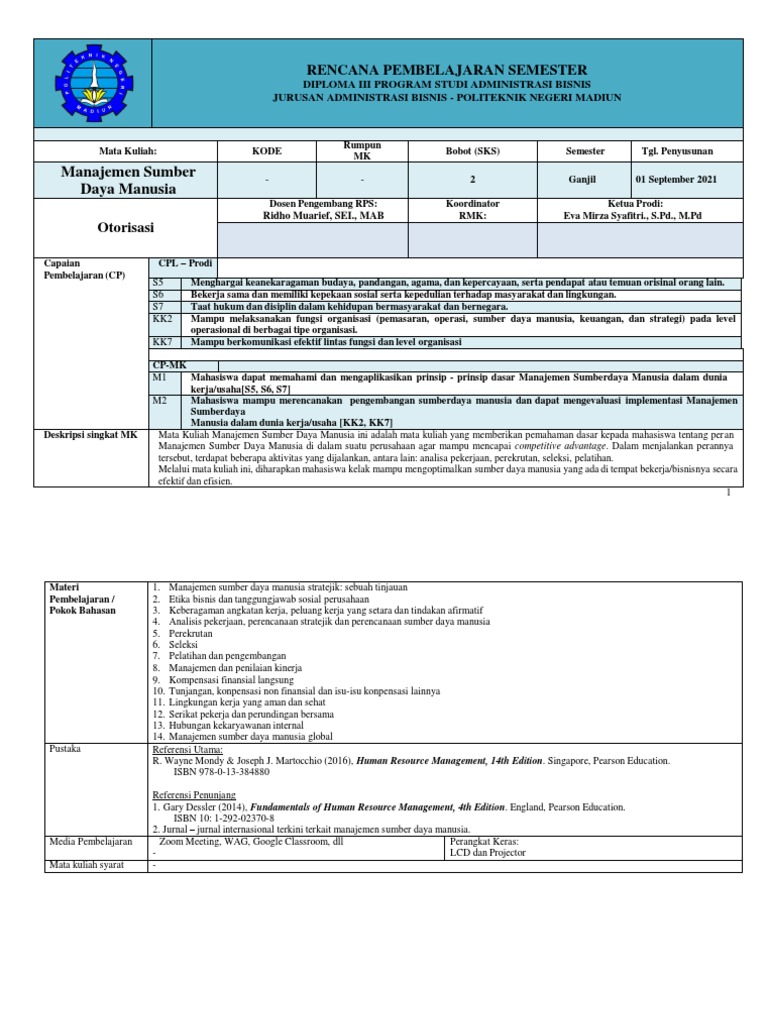 RPS Manajemen SDM - (Gasal 2021-2022) | PDF
