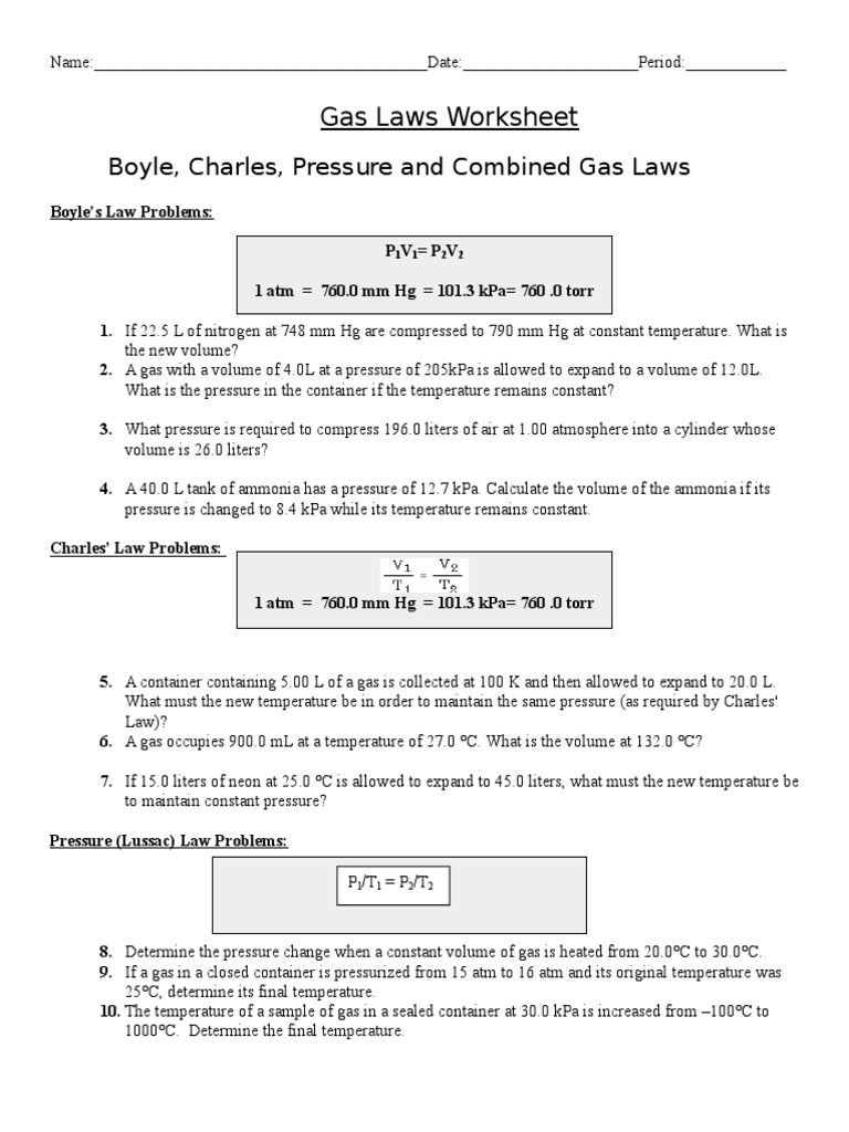 Gas Laws Worksheet: Boyle & Charles | PDF | Gases | Pressure