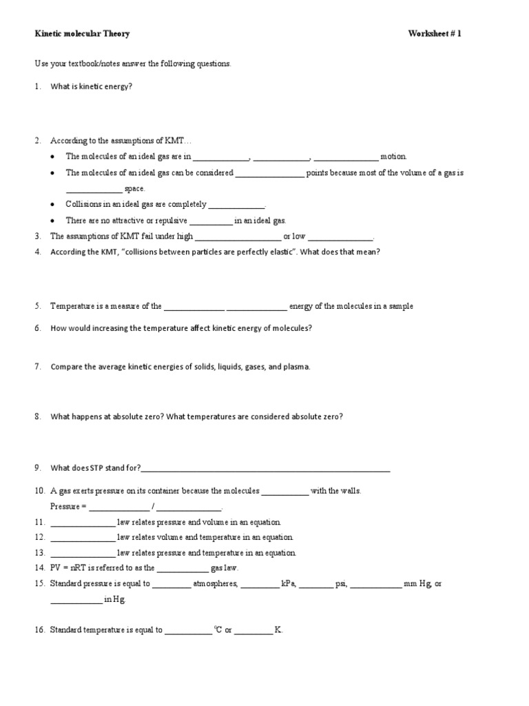 Kinetic Molecular Theory Worksheet # 1 | PDF | Gases | Atmospheric Pressure