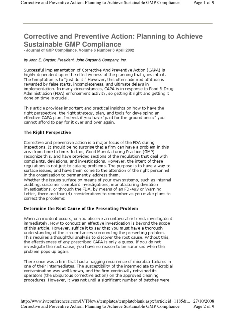Corrective and Preventive Action - Planning To Achieve Susteainable GMP ...