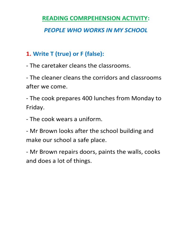 People Who Work in My School. Reading Comprehension | PDF