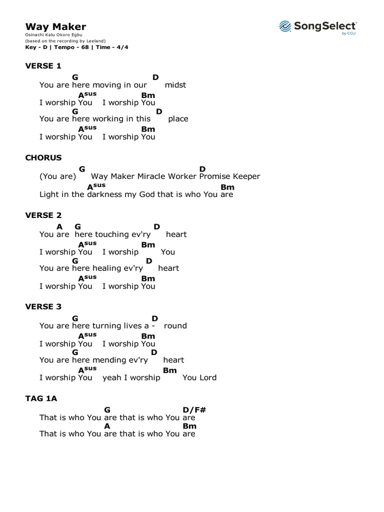 Way Maker: Verse 1 G D A BM G D A BM | PDF