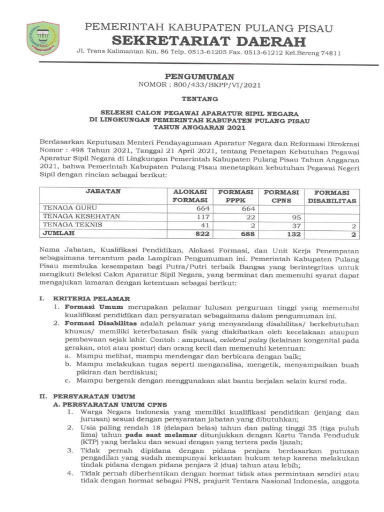 Pengumuman Casn Kab. Pulang Pisau 2021 | PDF