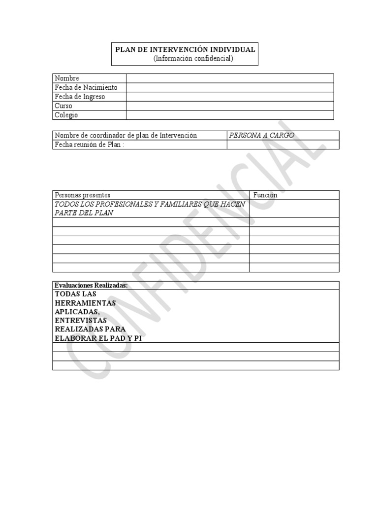 Formato - Plan de Intervencion Individual, Ejemplo | PDF | Cognición